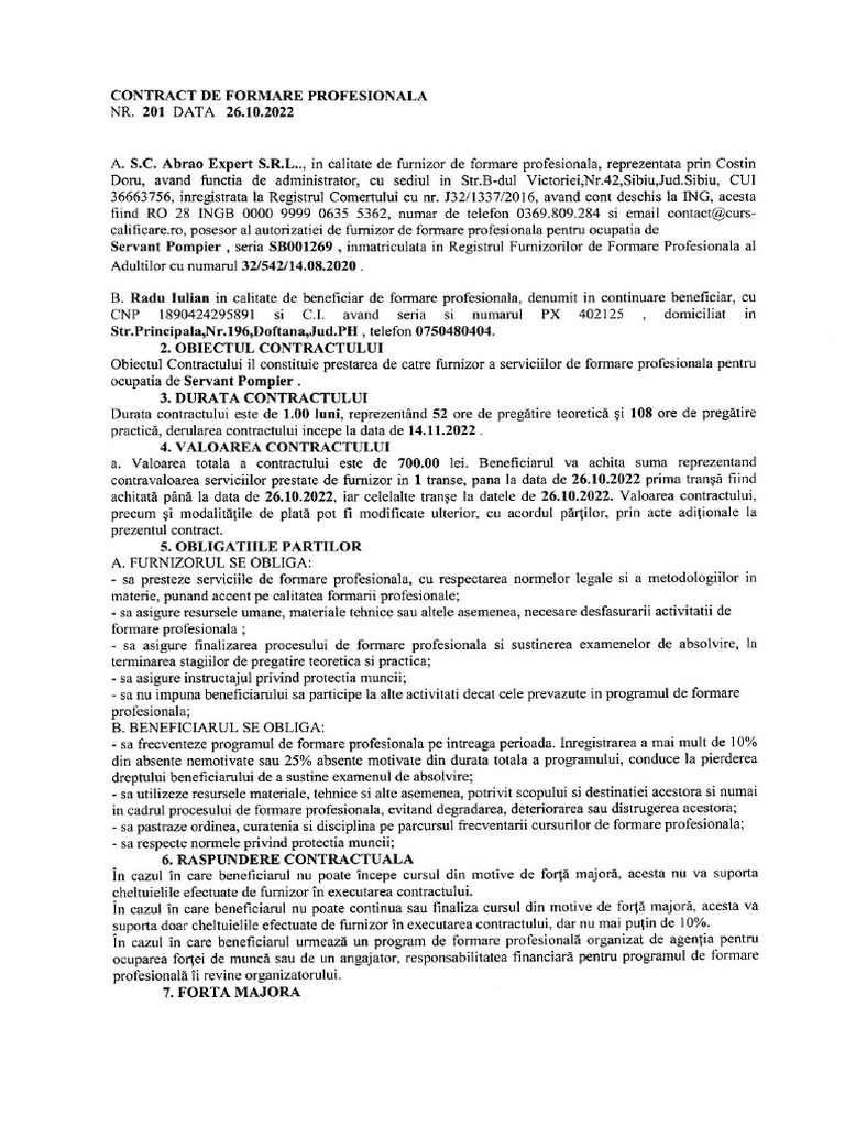 Contract de Formare Profesionala | PDF