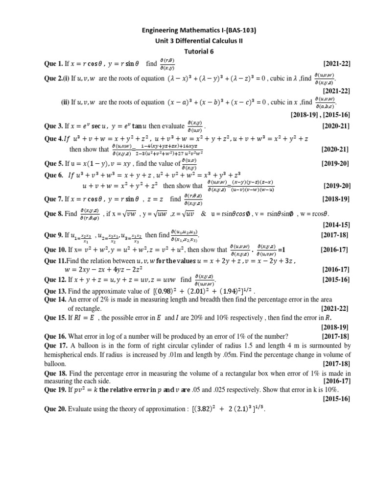 BAS-103 Tutorial 6 | PDF | Volume | Calculus