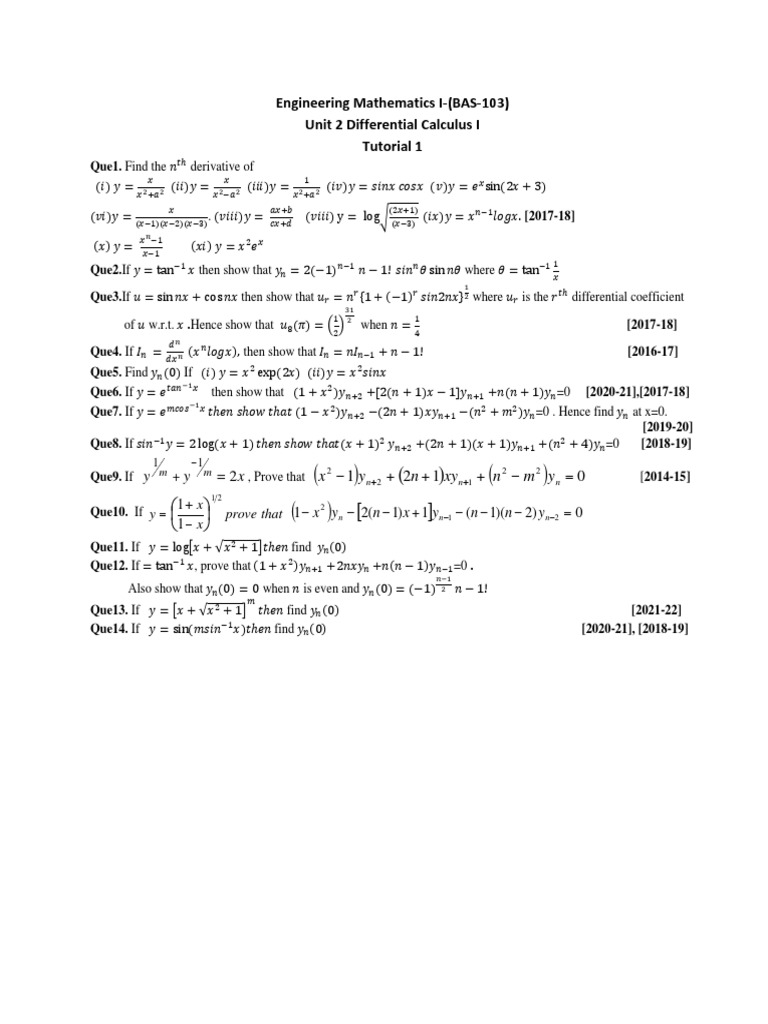 BAS-103 Tutorial 1 | Download Free PDF | Theoretical Physics | Mathematical Analysis