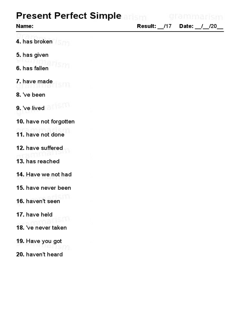 Grammarism Present Perfect Test 1 Answers 2357064 | PDF