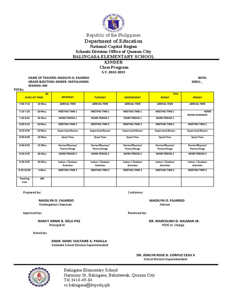Kinder Class Program 2022 2023 | PDF | Kindergarten | Educational Stages