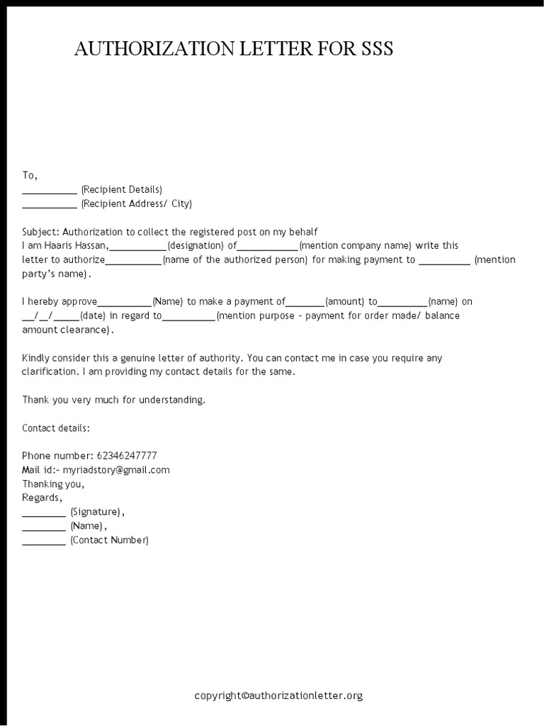 Sample Authorization Letter For SSS TransactionsPayment | PDF