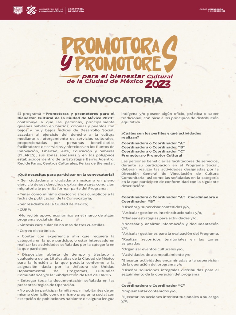 Convocatoria Promotoras y Promotores para El Bienestar Cultural de La ...
