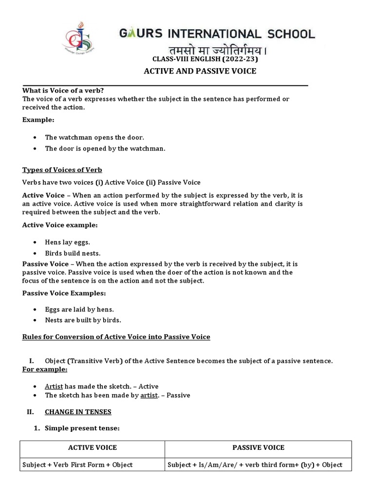 Active and Passive Voice Worksheet Class 8 | PDF | Verb | Subject (Grammar)