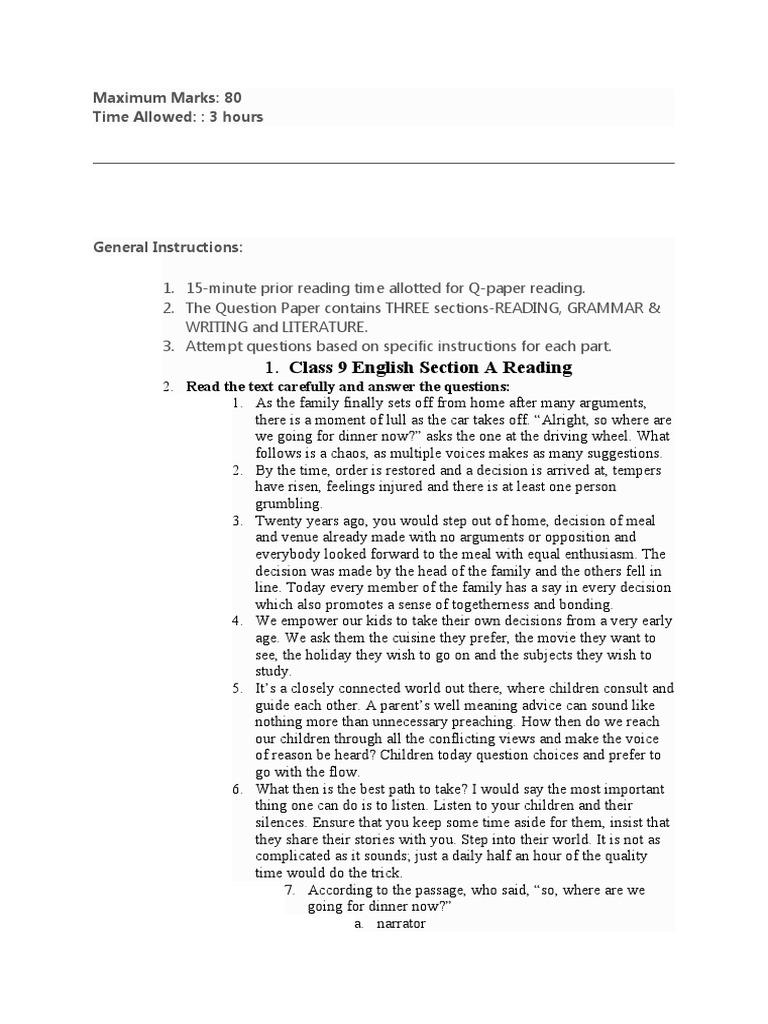 Class 9 English Section A Reading: Maximum Marks: 80 Time Allowed:: 3 Hours | PDF | Tourism
