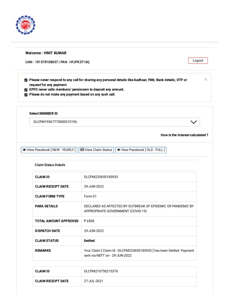 EPFO Member Passbook & Claim Status | PDF | Service Industries ...