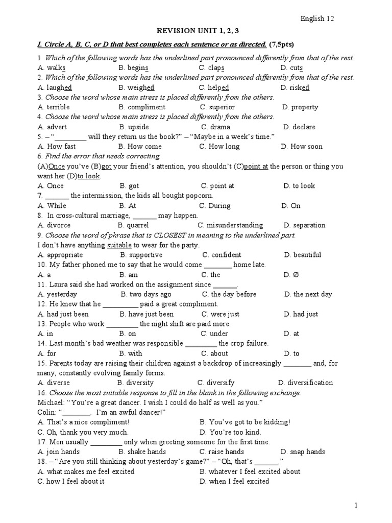 Revision Unit 123 2 E12 | PDF | Housewife | Marriage