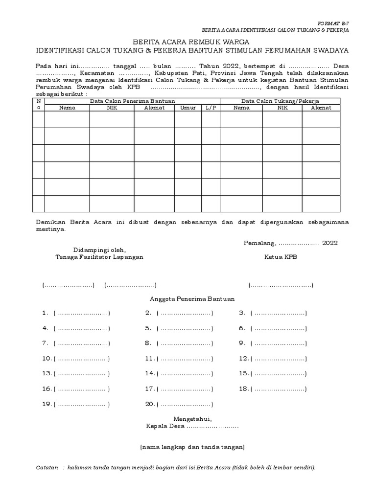FORMAT B7 BA Indentifikasi Calon Tukang & Pekerja | PDF