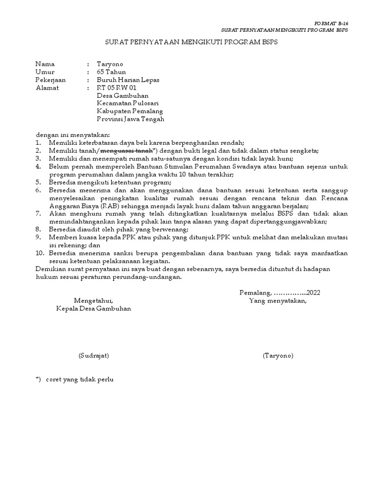 4 FORMAT B16 Surat Penyataan Mengikuti Program BSPS | PDF