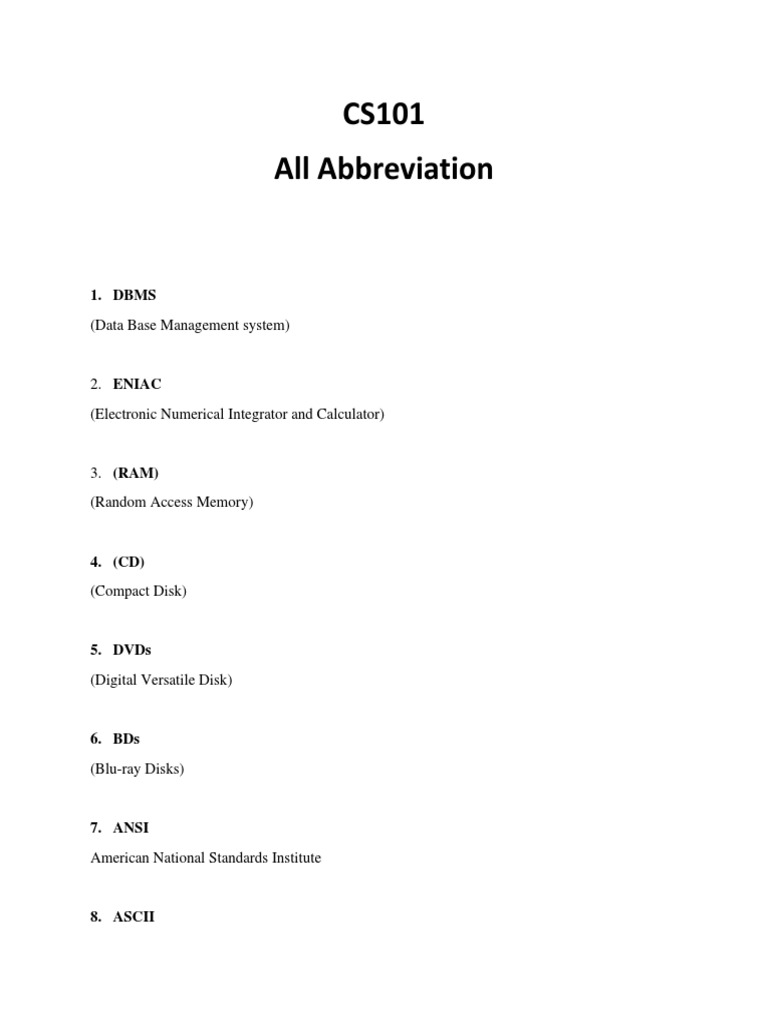 CS101 Computer Abbreviations Guide | PDF | Computers