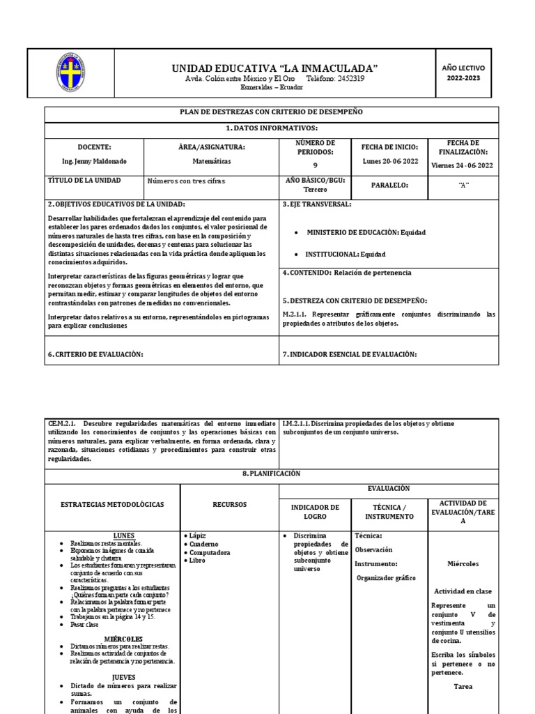 Plan de Matemática 7 1P1Q Relación de Pertenencia y Contenencia | PDF