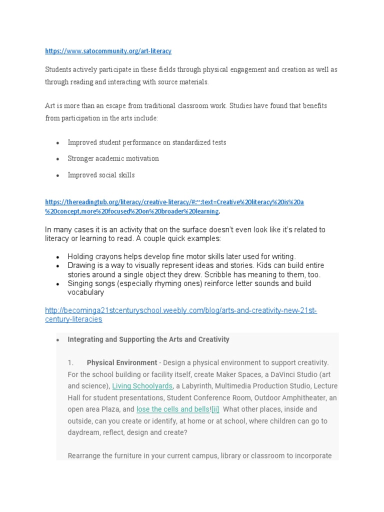 Arts and Creativity Literacy | PDF | Project Based Learning | Literacy