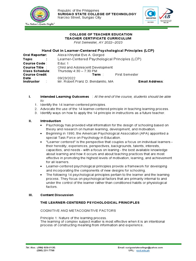 Learner-Centered Psychological Principles(LCP) | PDF | Learning ...