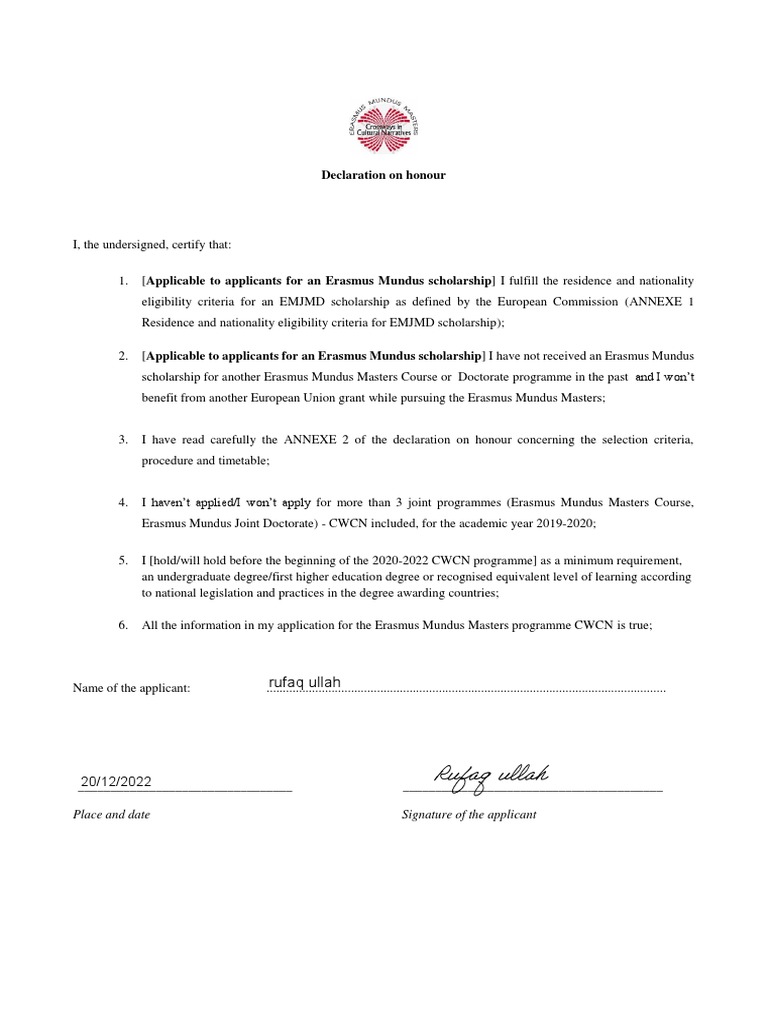 Declaration On Honour | PDF | Academic Degree | Doctorate