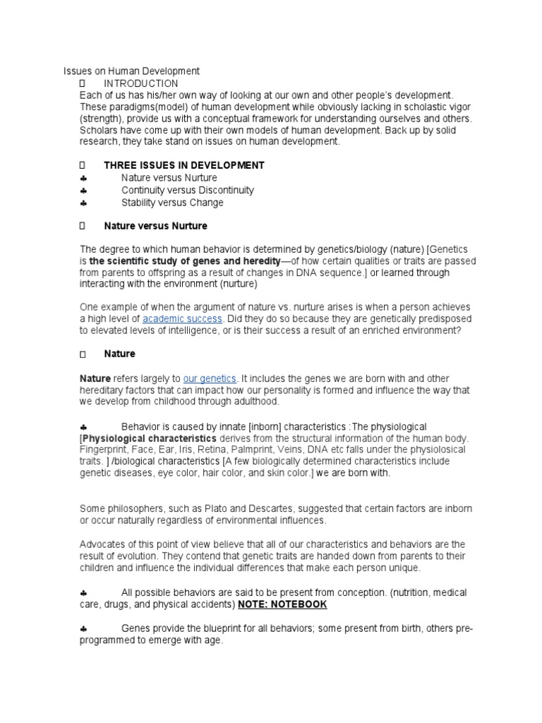Issues On Human Development | PDF | Nature Versus Nurture | Genetics