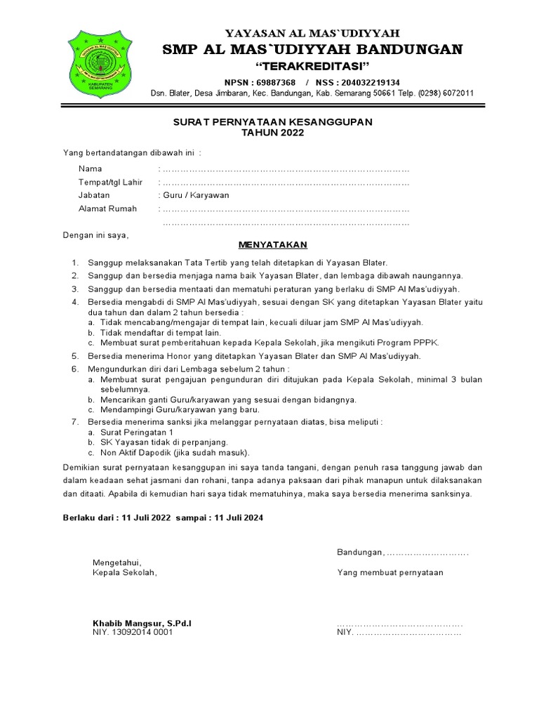 Surat Pernyataan Kesanggupan SMP 2022 | PDF