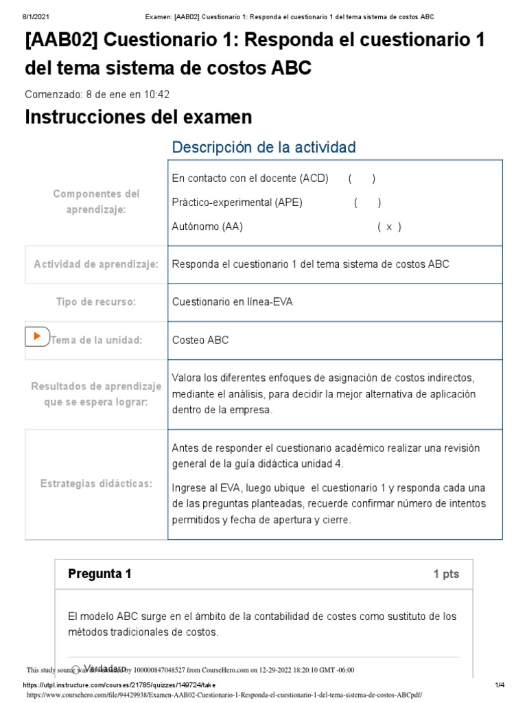 Examen AAB02 Cuestionario 1 Responda El Cuestionario 1 Del Tema Sistema de Costos ABC PDF | PDF ...