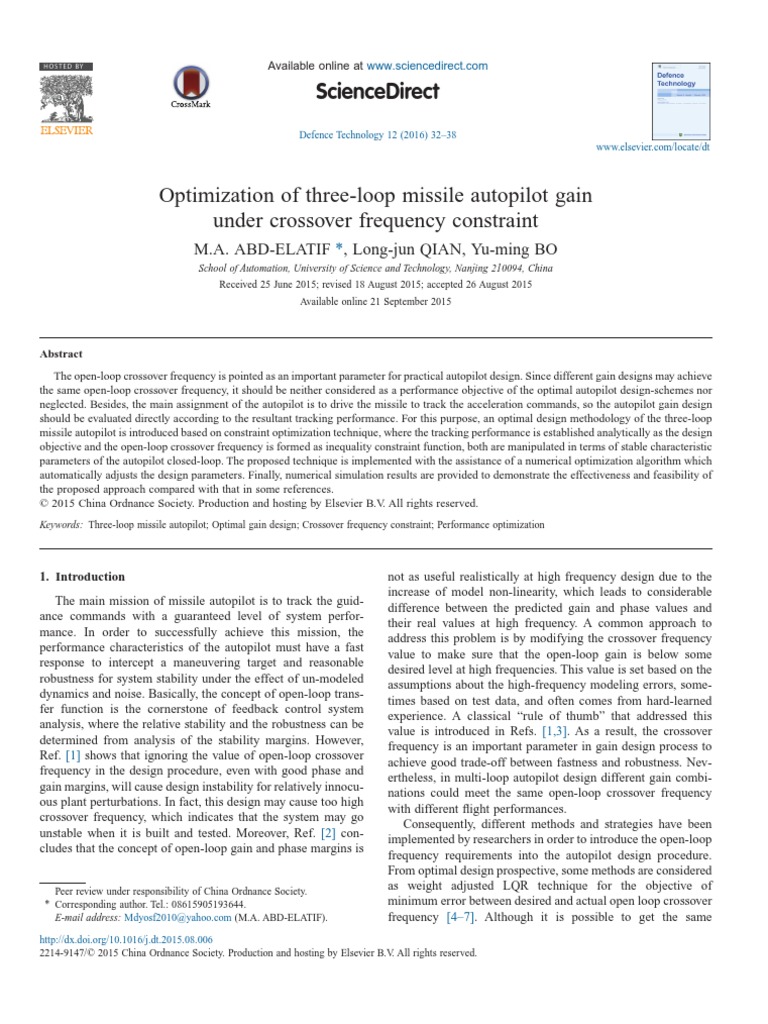 Optimization of Three Loop Missile Autopilot Gain Under CR 2016 | PDF | Mathematical ...