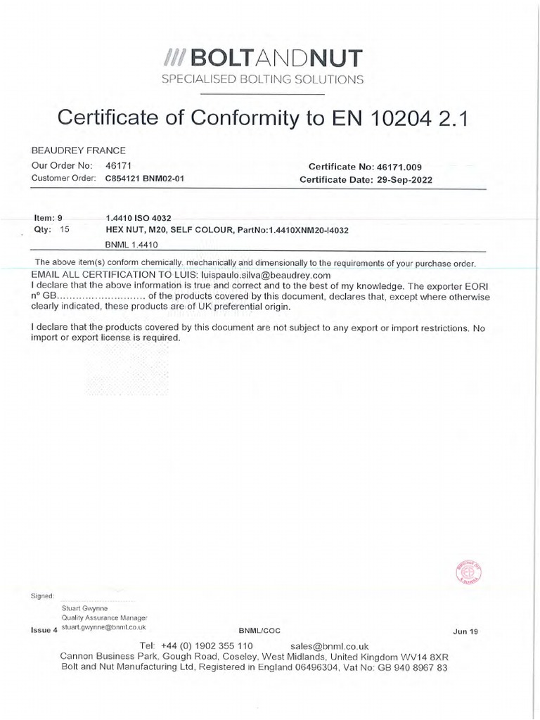 BOLTS Certificate of Conformity | PDF