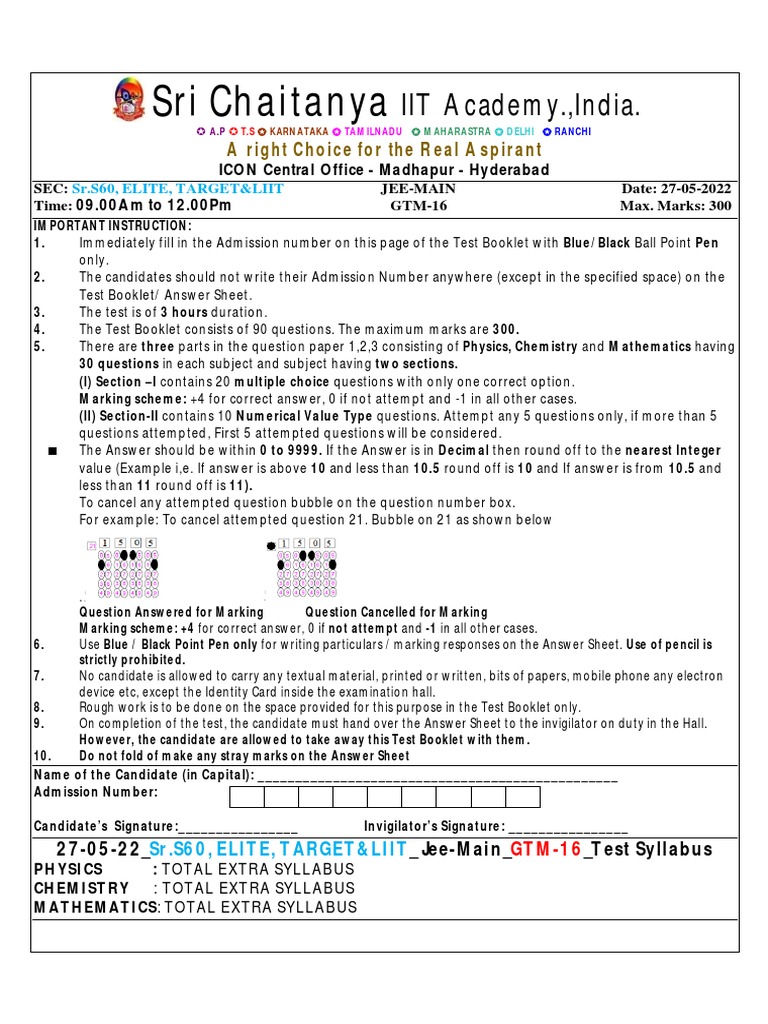 Sri Chaitanya IIT Academy JEE Main Practice Test: Physics, Chemistry ... Sri Chaitanya IIT Academy JEE Main Practice Test: Physics, Chemistry ...