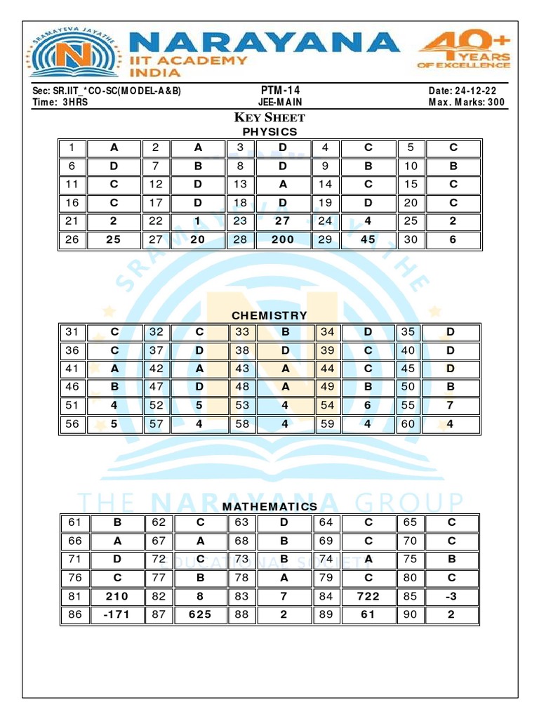 24.12.22 - SR - STAR CO-SC (MODEL-A & B) - Jee - Main - PTM-14 - KEY & SOL | PDF | Motion ...
