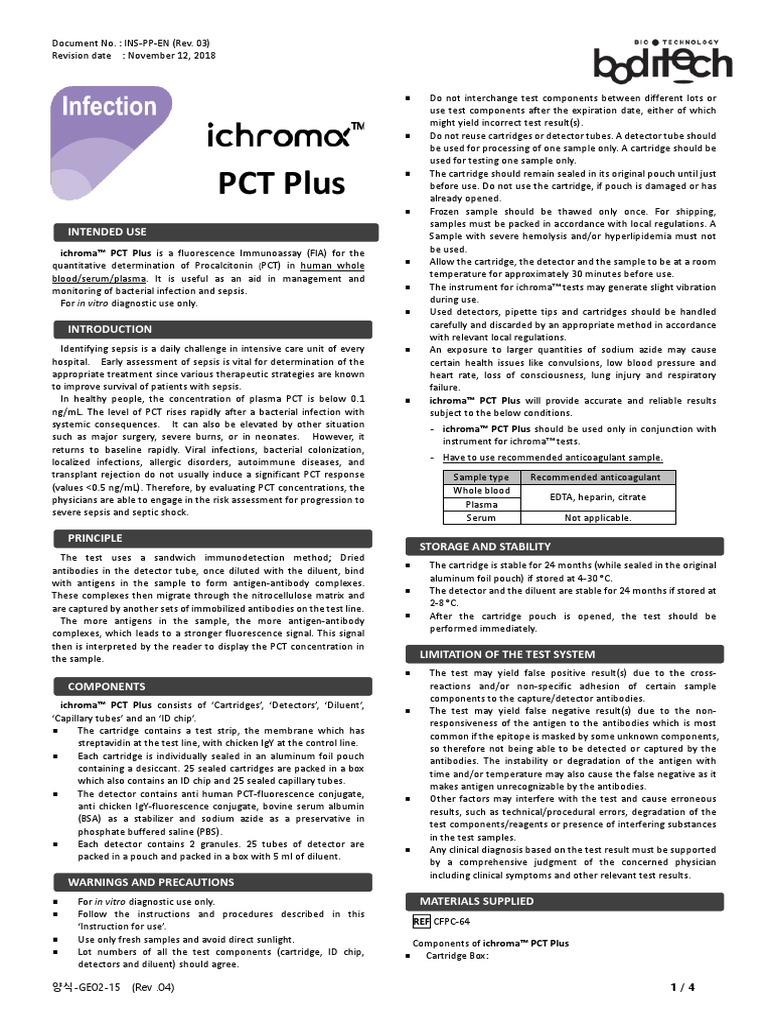 INS PP EN Ichroma PCT Plus - Rev.03 - 181112 | PDF | Blood Plasma | Sepsis