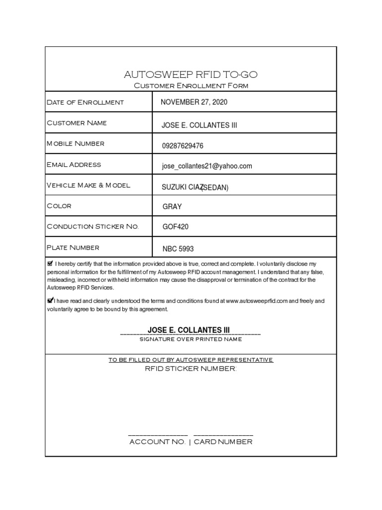Autosweep Form | PDF