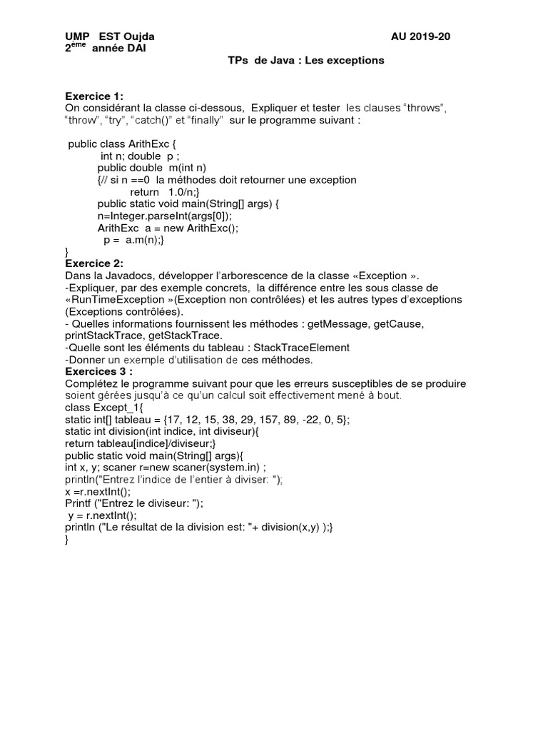 Gestion des exceptions en Java : TPs et exercices | PDF | Ingénierie informatique | Informatique