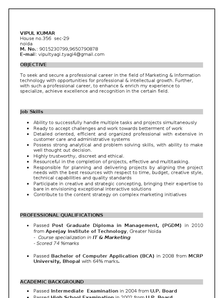 Vipul CV | PDF | Master Of Business Administration | Marketing