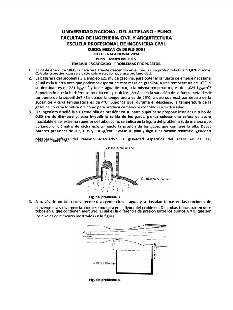PDF Trabajo Problemas Propuestos Mecanica de Fluidos I 1 DL | PDF ...