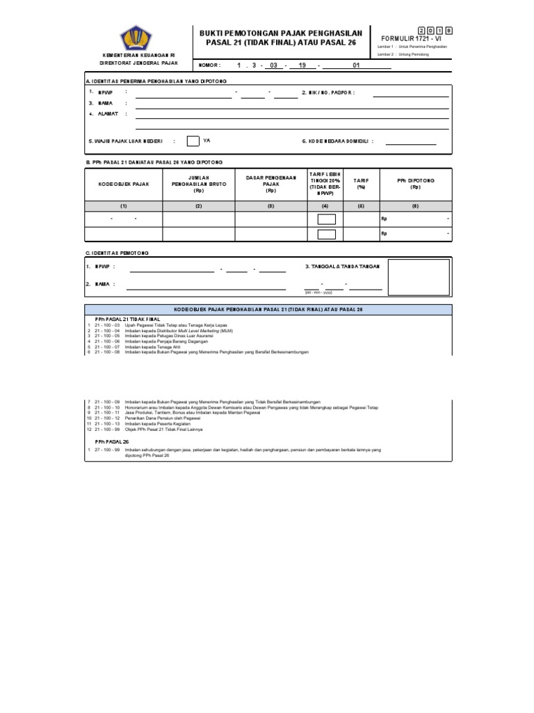 Formulir PPh 21 dan 26 Tidak Final | PDF