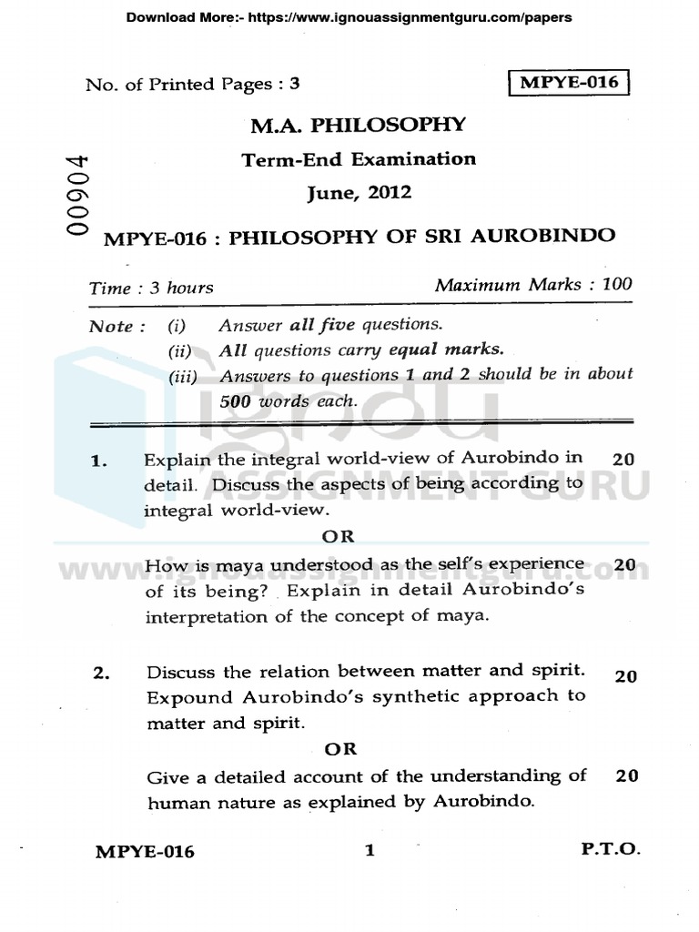 MPYE 016 Previous Year Question Papers by Ignouassignmentguru | PDF | Sri Aurobindo | Hindu ...
