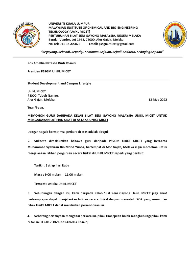 Surat Permohonan Latihan Fizikal Silat Gayong - Sem Jan 2022 | PDF