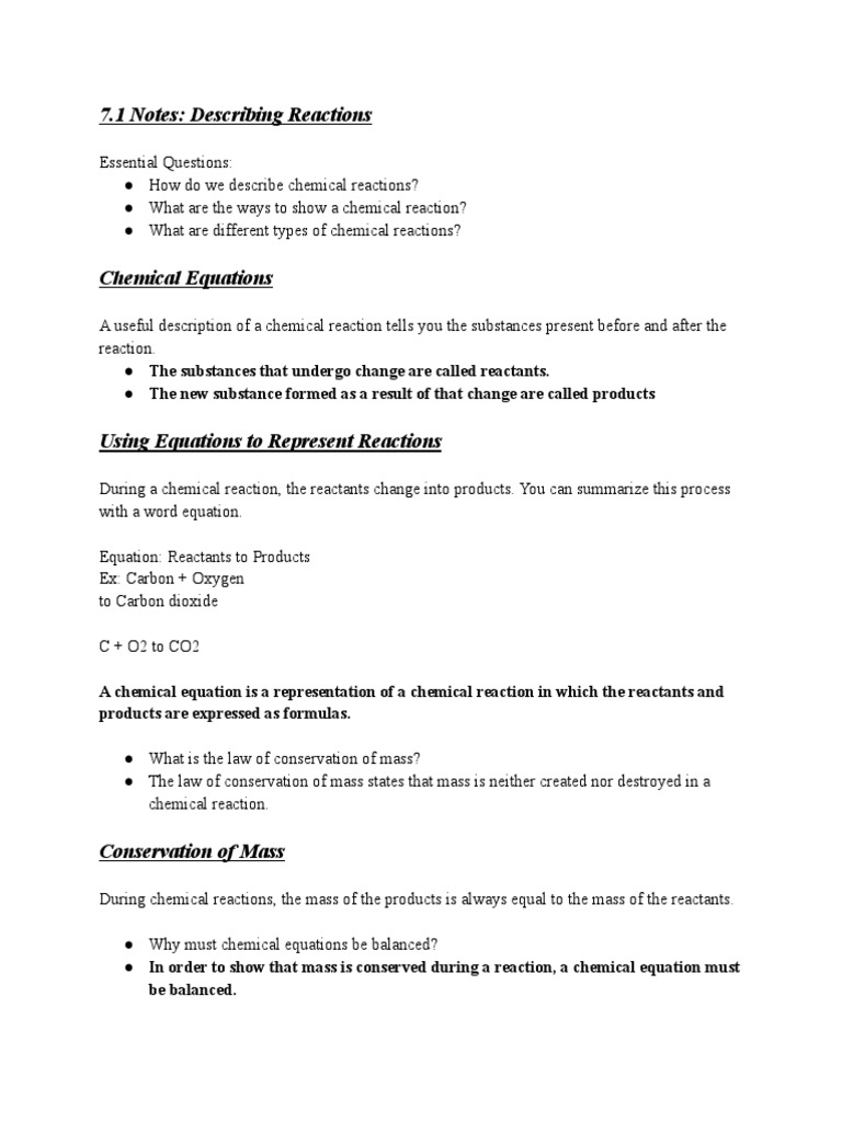 Describing Chemical Reactions | PDF | Mole (Unit) | Chemical Substances