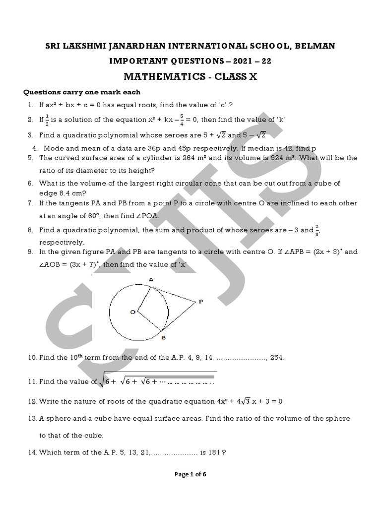 Important Questions Class X - Mathematics 2021-22 | PDF | Circle | Quadratic Equation