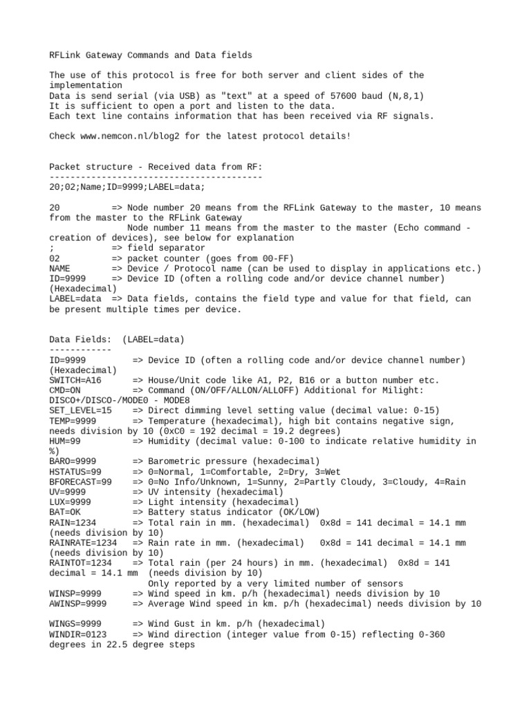 RFLink Protocol Reference | PDF | Gateway (Telecommunications) | Remote Control