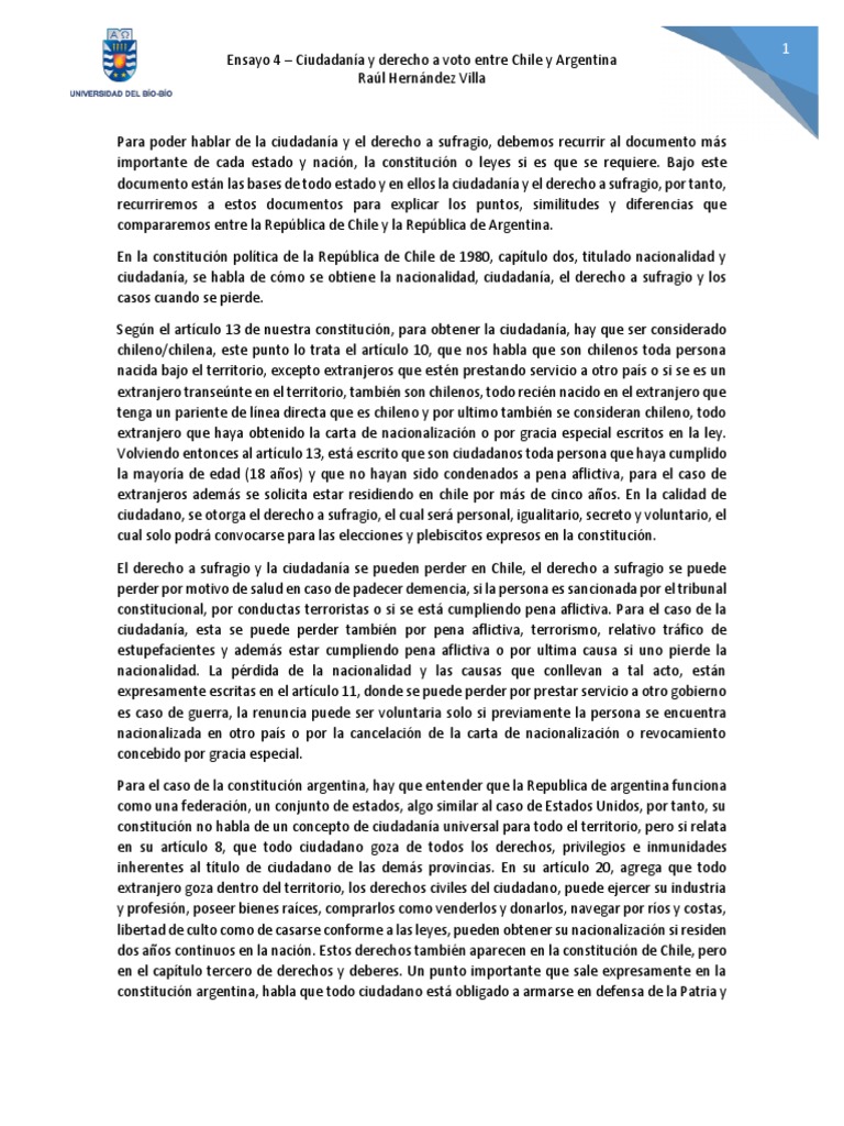 Ensayo 4 - Ciudadanía y Derecho A Voto Entre Chile y Argentina - Raul Hernandez Villa ...