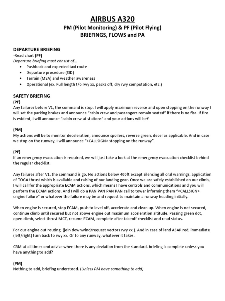 A320 Departure Briefing and Flows | PDF | Takeoff | Runway