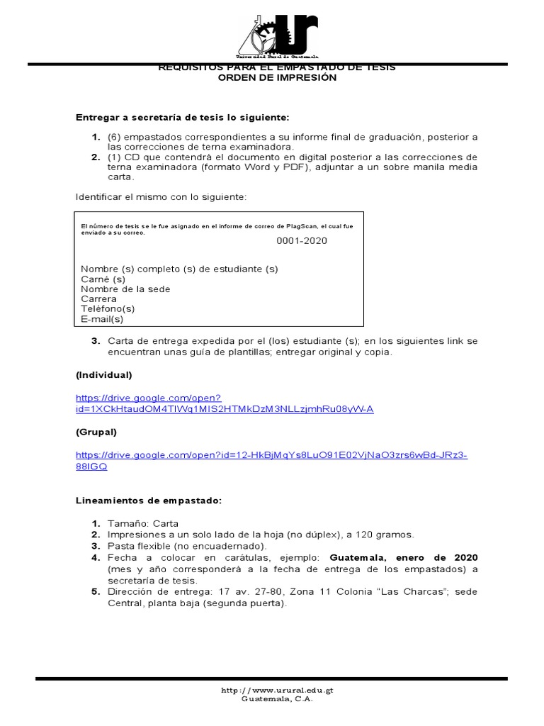 Requisitos para empastado de tesis URURAL | PDF