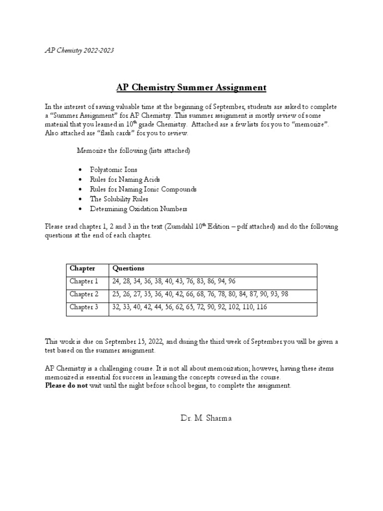 2022 AP Chem Summer Assignment Review | PDF | Mole (Unit) | Chemical ...