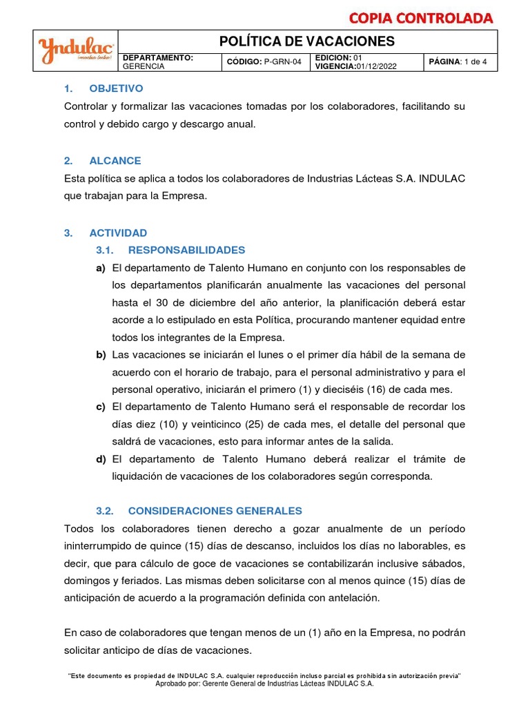 Política de Vacaciones INDULAC S.A. | PDF | Negocios | Finanzas y dinero