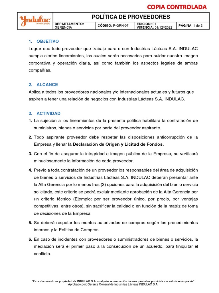 Política de Proveedores INDULAC S.A. | PDF | Business | Economias