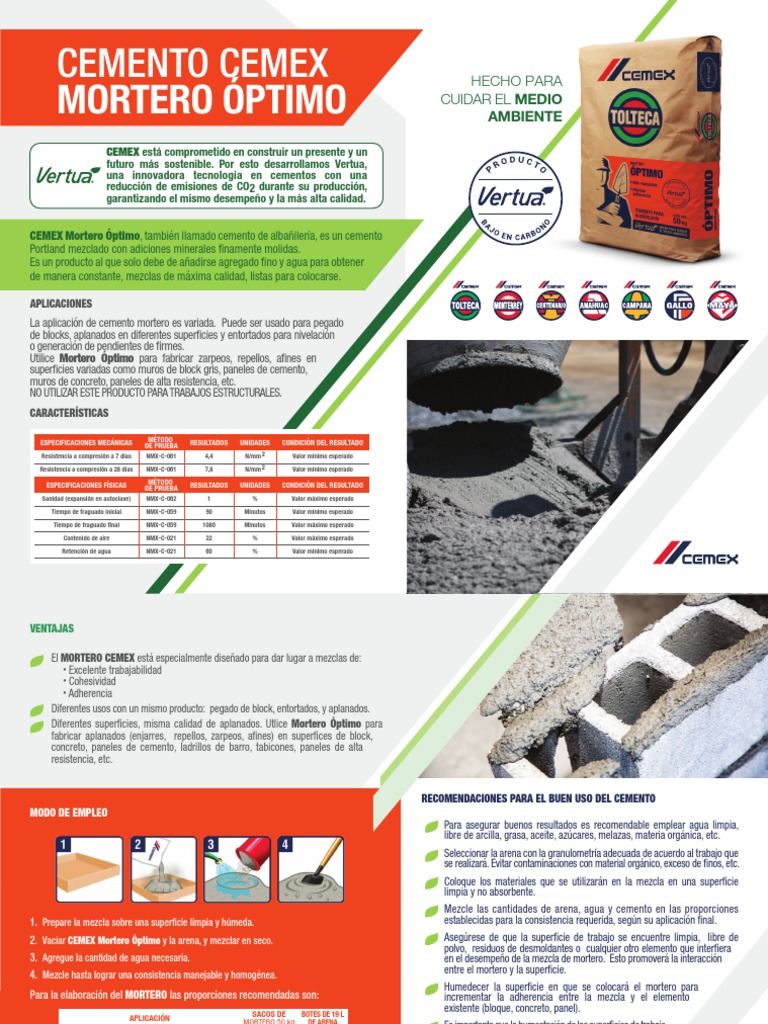 Mortero Óptimo Cemex: Usos y Especificaciones | PDF | Cemento | Hormigón