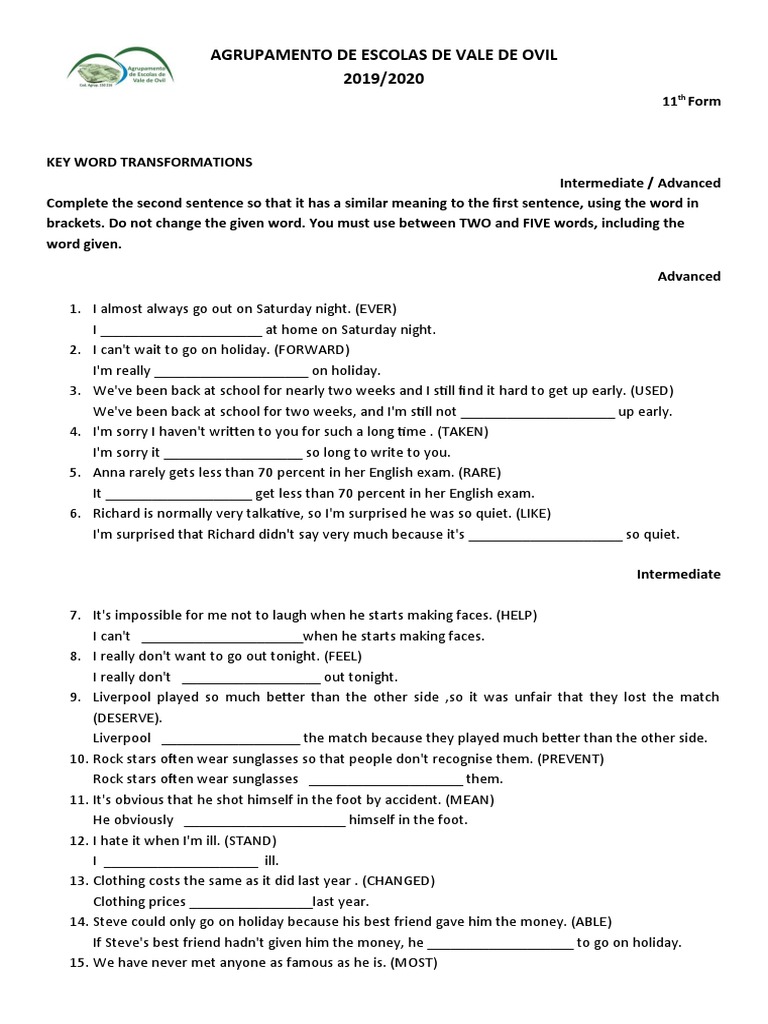 Key Word Transformations Advanced 2 | PDF