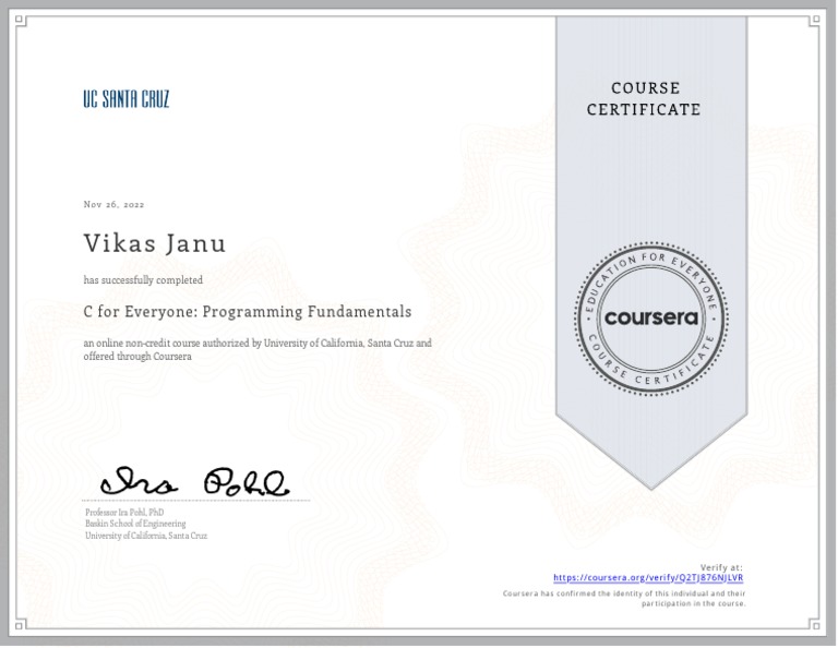 Certificate of Completion for 'C for Everyone: Programming Fundamentals' Online Course from ...