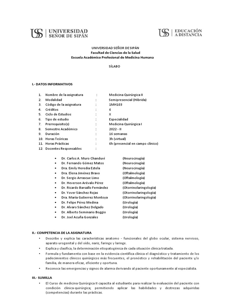 SILABO Quirurgica 2 MMHH USS | PDF | Medicina | Prueba (evaluación)