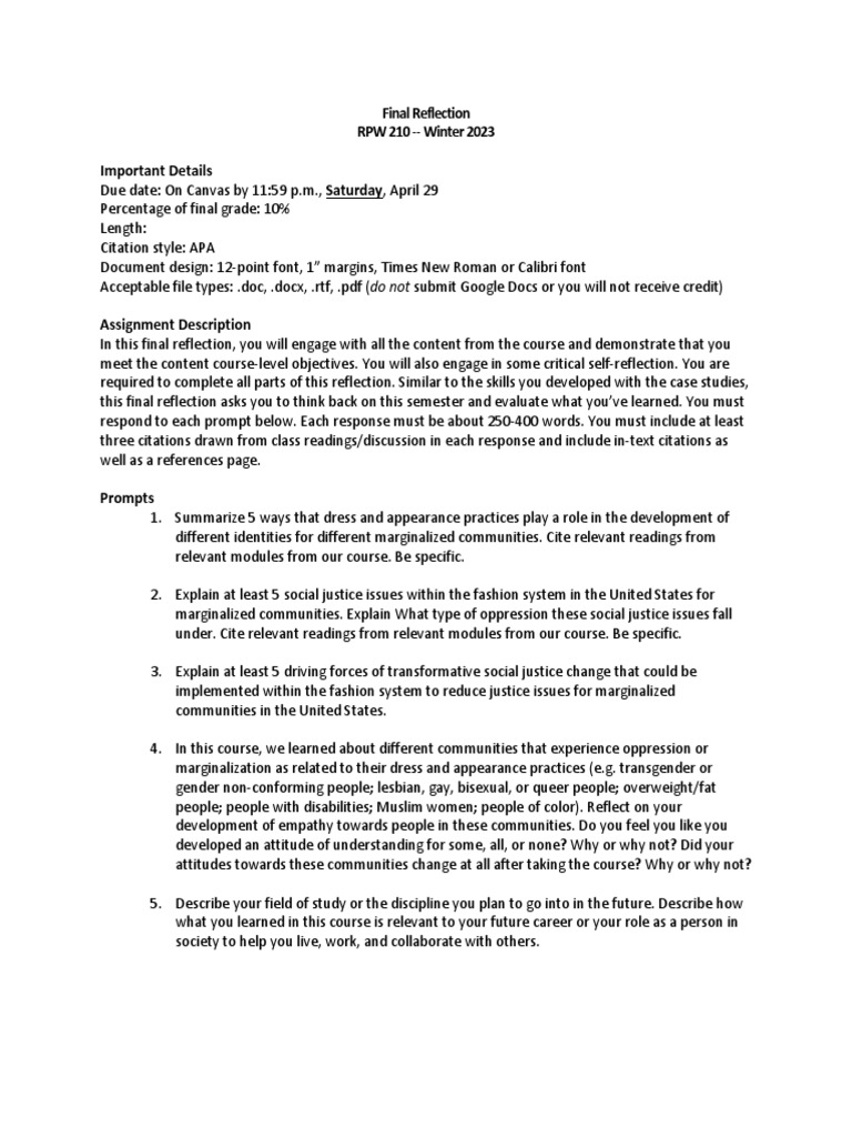 RPW 210 W23 Final Reflection | PDF | Citation