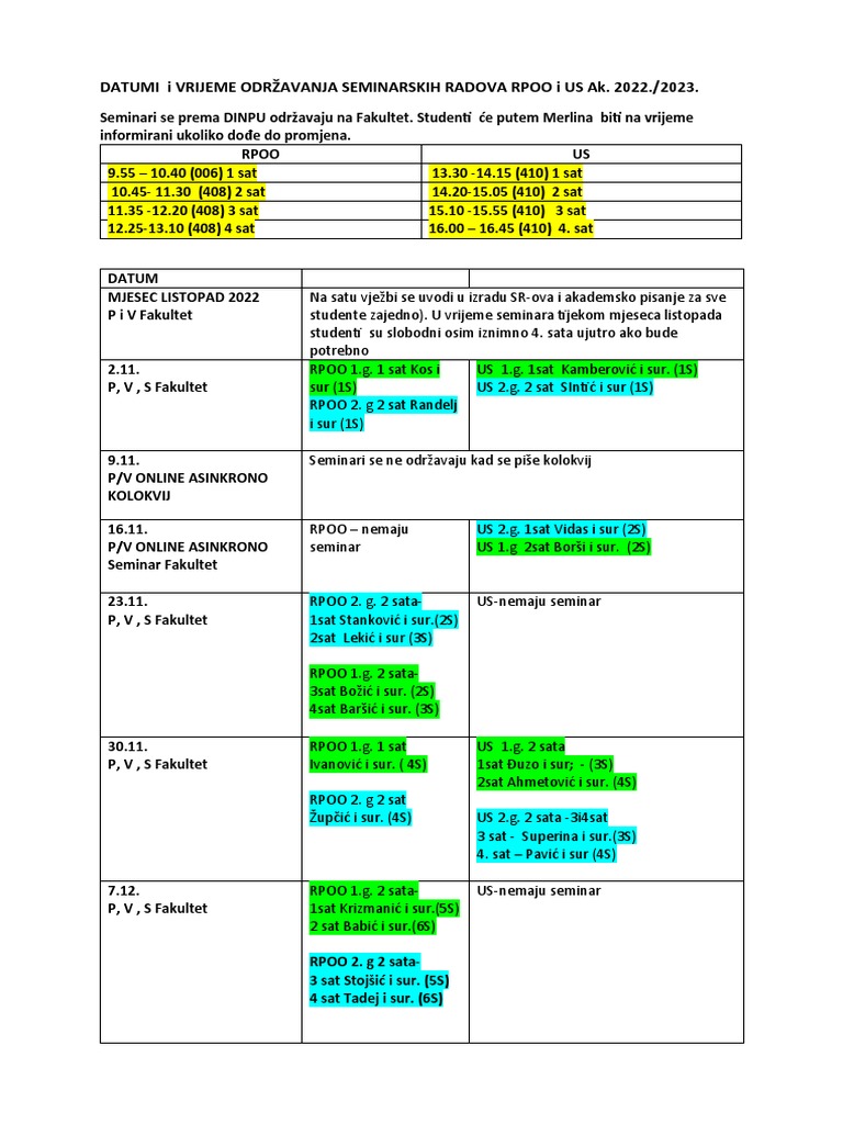 TABLICA - DATUMI - VRIJEME - SEMINARA - RPOO I US - Merlin | PDF