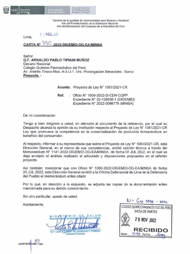 Carta N°790 2022 Digemid Remite Opinipon Sobre Proyecto de Ley 1061 2021 Cr. 1 | PDF