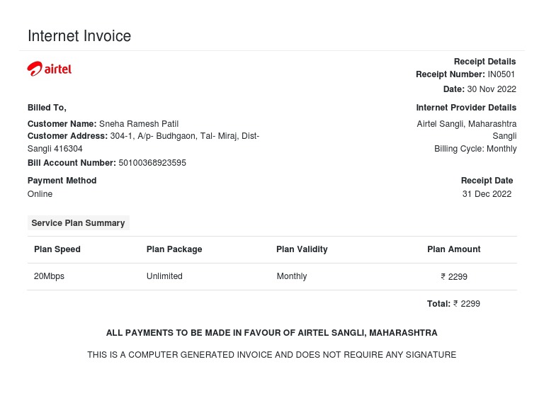 Internet Invoice Template 1 - Nov 22 | PDF